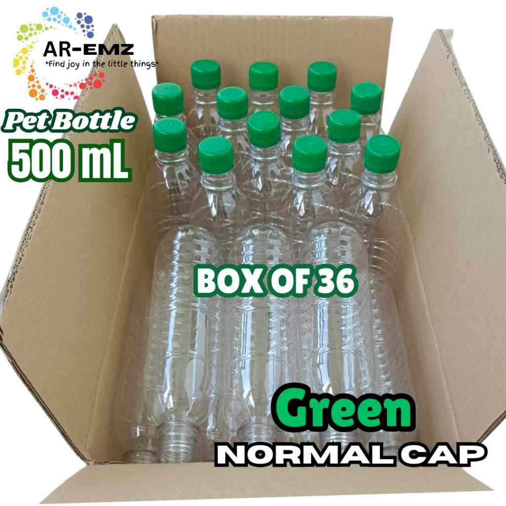AR-Emz 36 PCS (500 ML) Empty Clear Plastic Pet Bottles W/ Green Normal ...