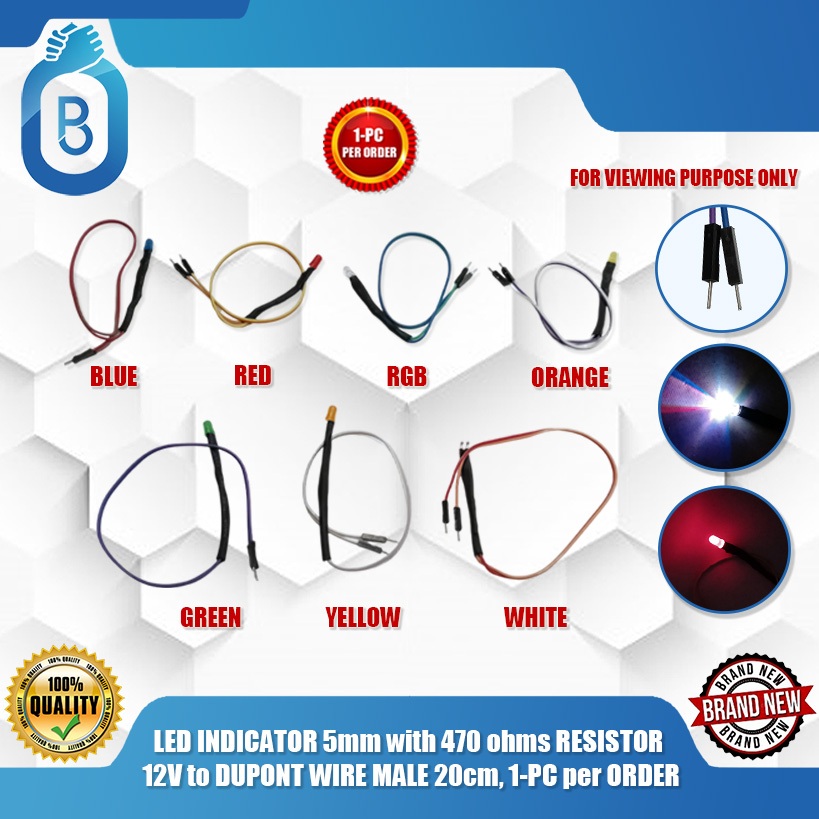 LED INDICATOR 5mm with 470 ohms RESISTOR 12V to DUPONT WIRE MALE 20cm ...