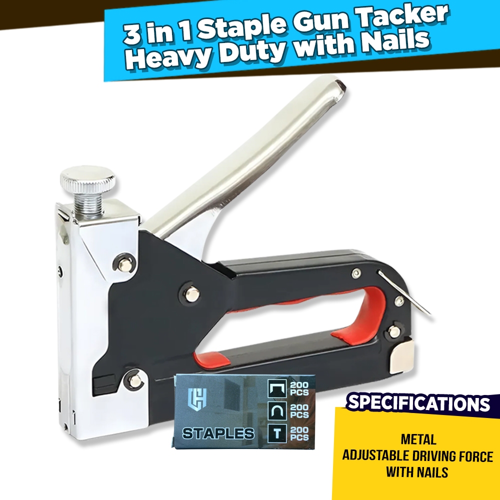 3 in 1 Metal Staple Gun Tacker Heavy Duty With Nails Adjustable Driving ...