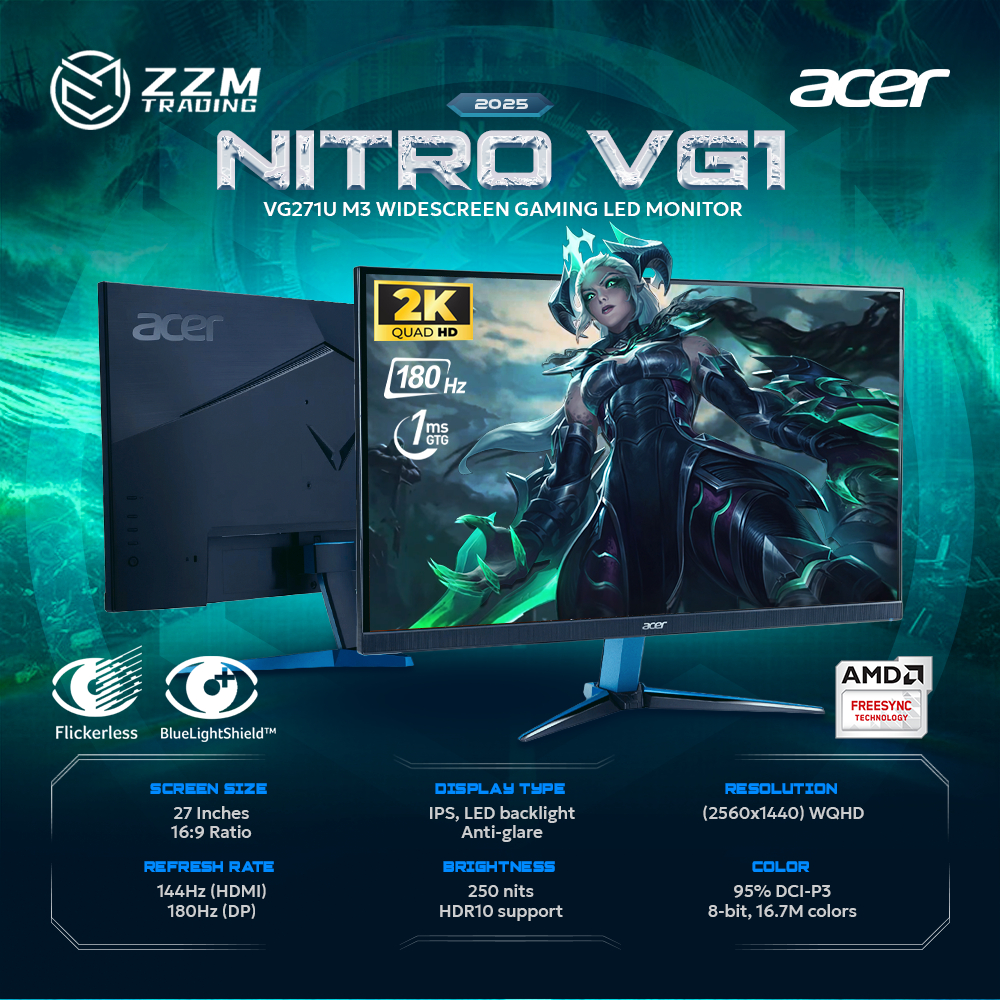 ACER Nitro VG1 (VG271U M3BMIIPX) 27" 16:9 WQHD 2.5K IPS 180Hz 1ms GtG ...