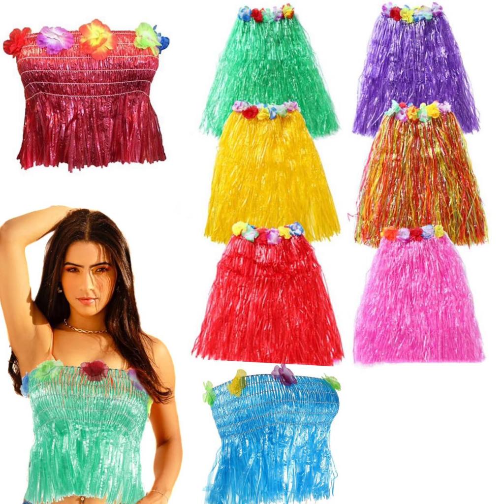 Hawaiian Hula Grass Skirt Fancy Dress Flower Long Hawaiian Tropical ...