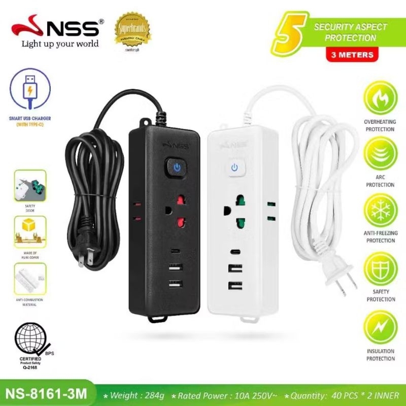 NSS NS-8161 3 GANG w/ 2 USB+TYPE C CHARGER PORT 3 METERS / NSS EXTENSION CORD 3 METERS 2500 ...