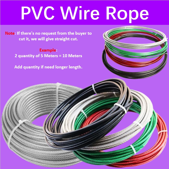 Mago 5 Meters 2-8mm PVC Wire Rope Galvanized Steel Plastic Coated Cable ...