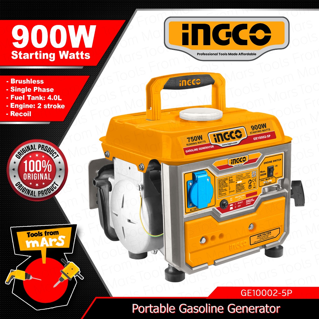 Ingco Gasoline Generator 0.9kW 2-Stroke Portable Gas Powered Recoil ...