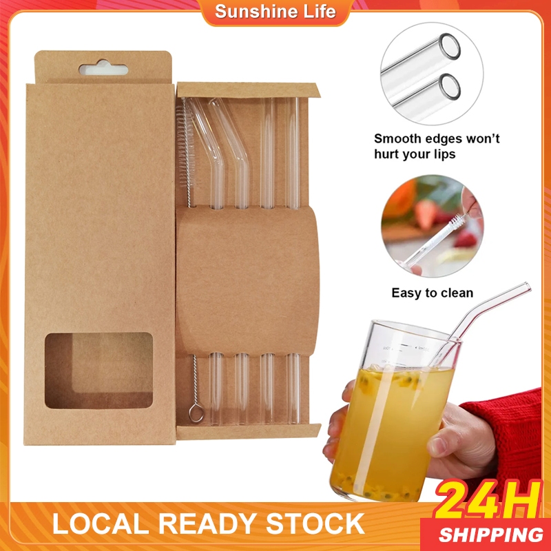 4Pcs/Set Clear Glass Straws With Case Reusable Straight & Bent Smoothie ...
