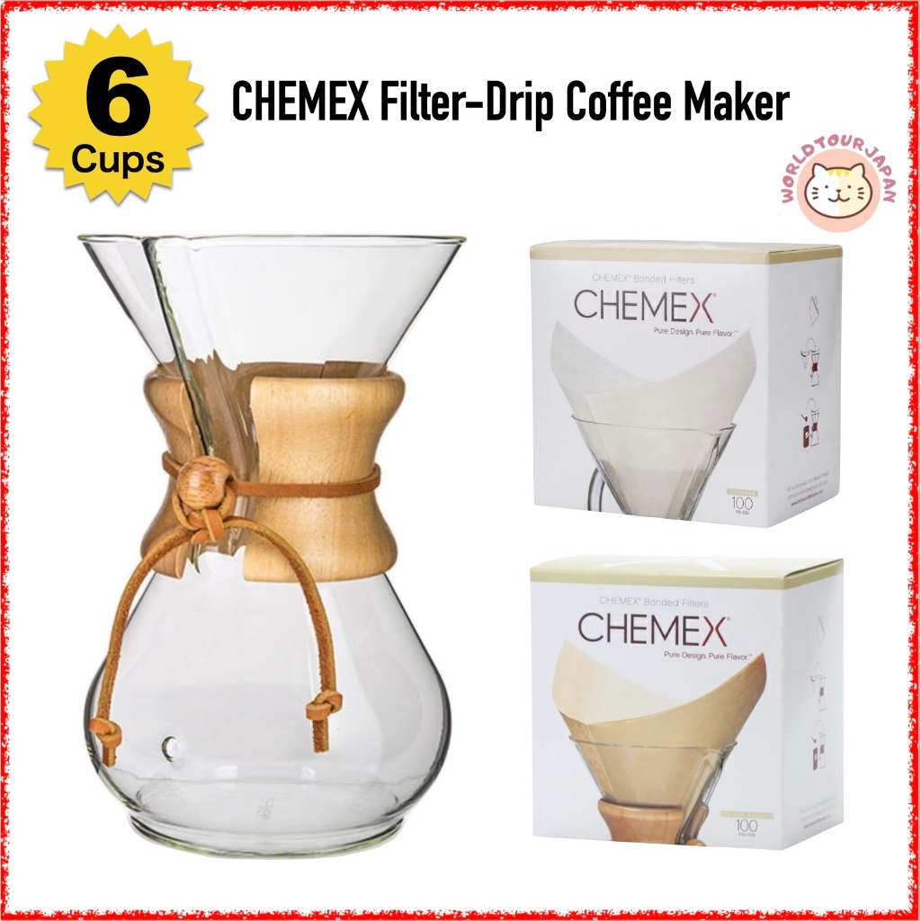 CHEMEX Filter-Drip Coffee Maker and Filter / For 6 cups / Glass and ...