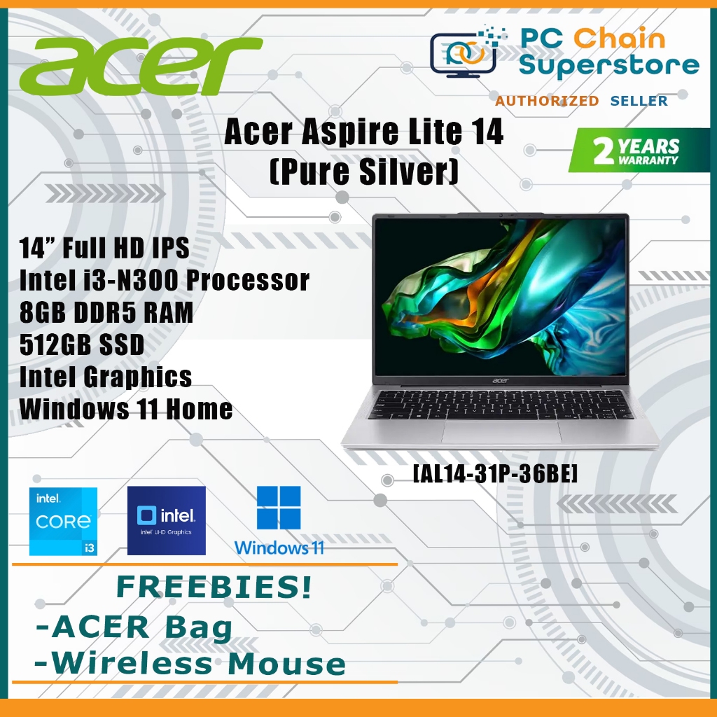 Acer Aspire Lite 14 AL14-31P-36BE Pure Silver Laptop - 14" Full HD IPS ...