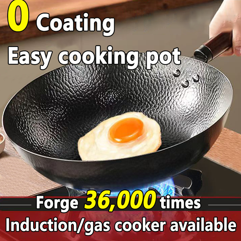 28/30/32/34cm Kawali Wok Non Stick Black Carbon Heavy Duty Carbon Steel Wok Original Iron wok ...