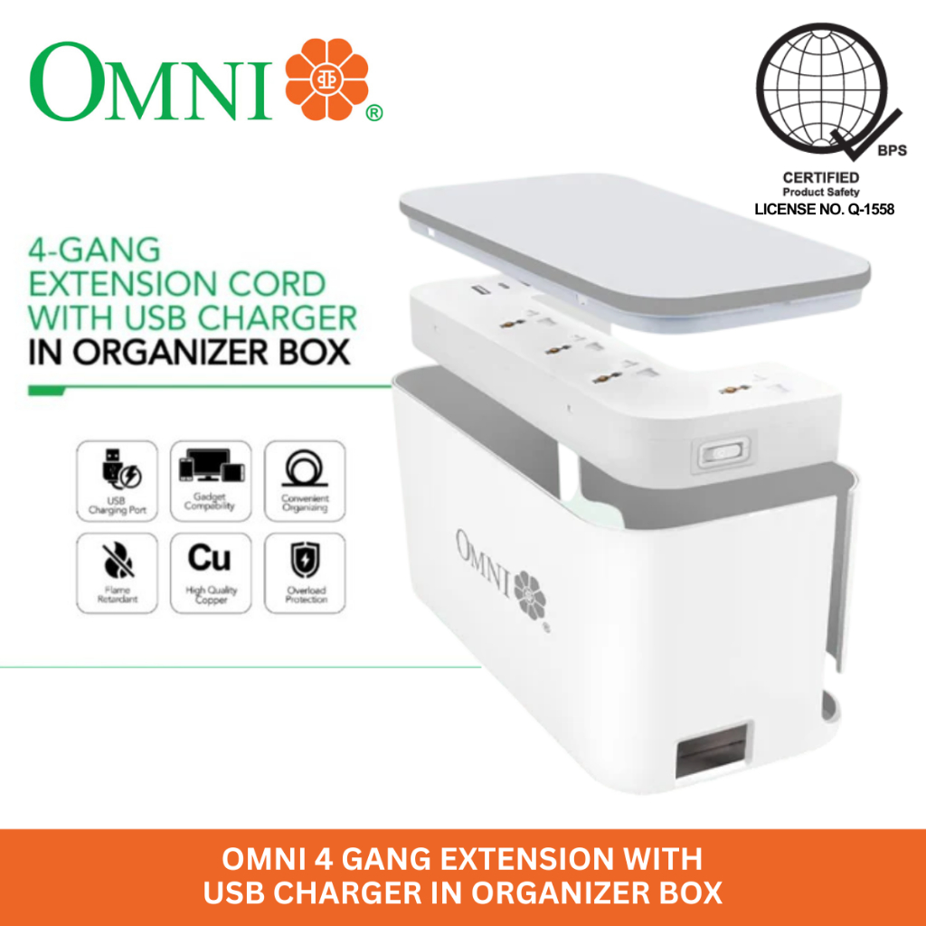 OMNI 4-Gang Extension Cord in Organizer Box with USB Charger USB-403B | Shopee Philippines