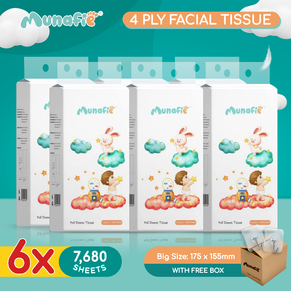 【6 Packs】Munafie Facial Tissue Paper 4 Ply Large Size 175*155mm Soft ...