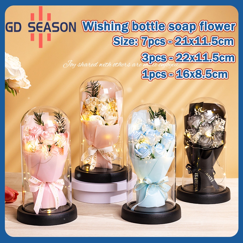Artificial Rose Flower Glass Cover Dome Eternal Rose Flower Bouquet LED ...