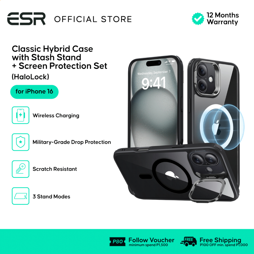 ESR Classic Hybrid Case with Stash Stand (HaloLock) + Screen Protector ...