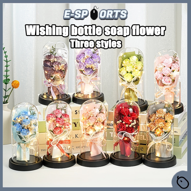 Artificial Rose Flower Glass Cover Dome Eternal Rose Flower Bouquet LED ...