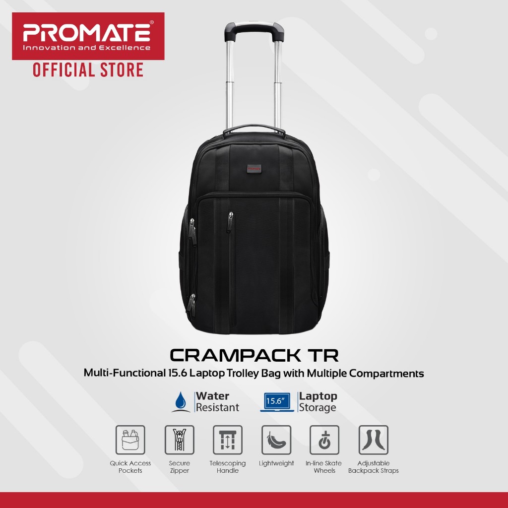 Promate Crampack-TR Multi-Functional 15.6" Laptop Trolley Bag with ...