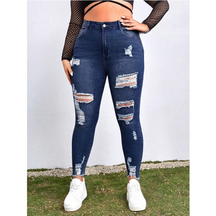 Tattered Denim Pants High Waist Skinny Jeans Ripped Jeans #503 | Shopee ...