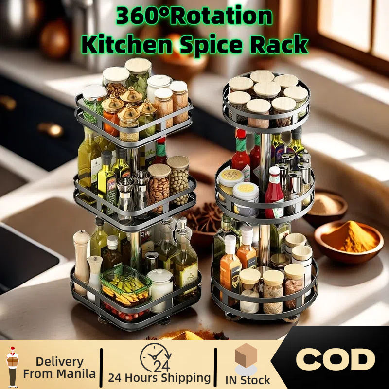 1/2/3 Tier 360° Rotating Spice Rack Organizer Steel Adjustable Height ...