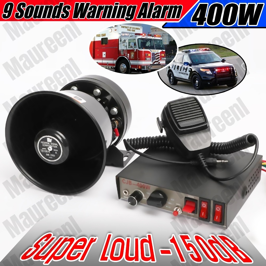 400W 9 Sound 12V Loud Car Alarm System Police Siren Horn + Mic PA ...
