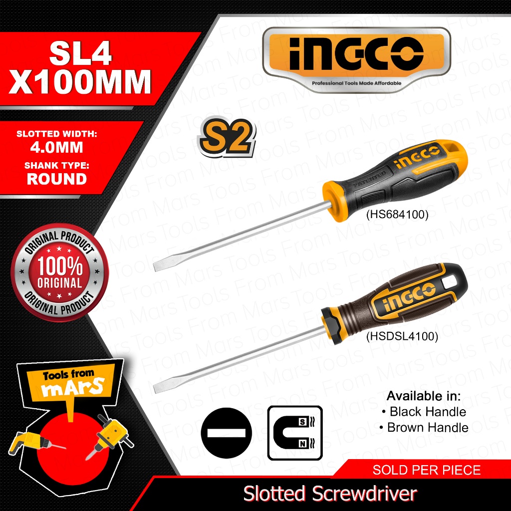 Ingco Slotted Flat Screwdriver SL4x100mm S2 Magnetic Flathead Round ...