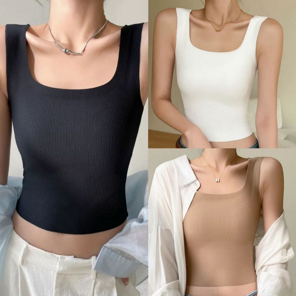 square neck Women's ice silk sando camisole with padded seamless bra ...