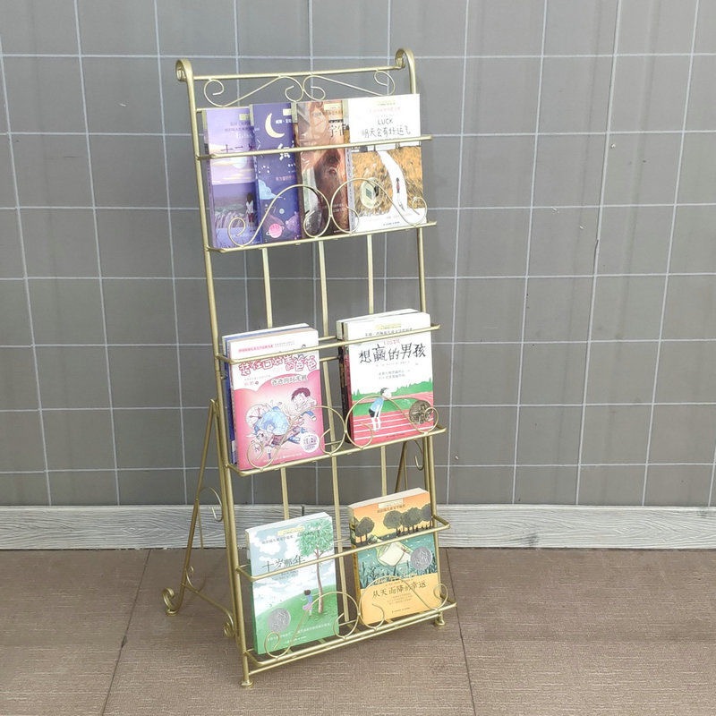 Three-layer wrought iron simple magazine shelf book shelf floor display ...