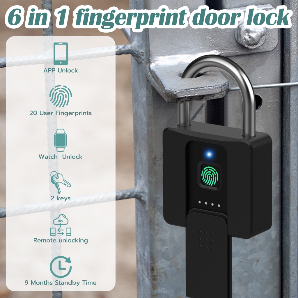 Waterproof Padlock Smart Fingerprint Padlock With Key Heavy Duty Door ...