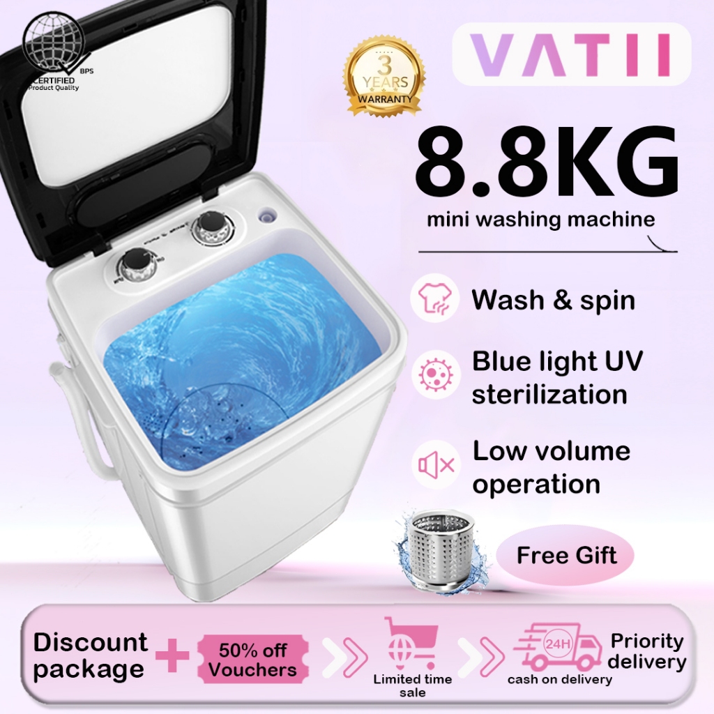 VATII Black/White 8.8kg Mini Washing Machine blue light sterilization ...