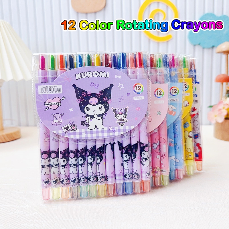 12 Color Sanrio Kuromi Crayons Melody Rotating Crayon Washable Coloring ...