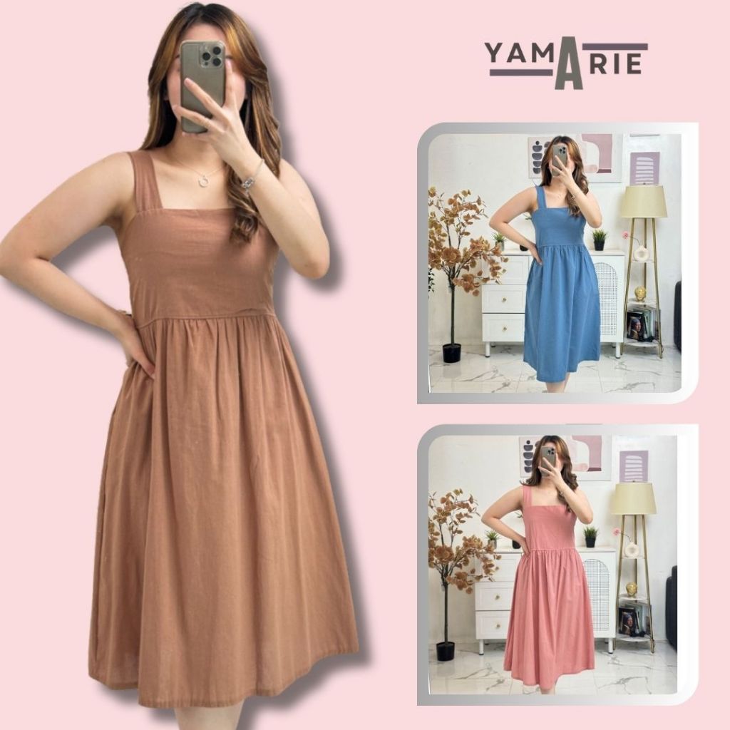 Yamari.PH Trendy Casual Back Smocking Linen Basic Maxi Dress | ROXANNE | Shopee Philippines