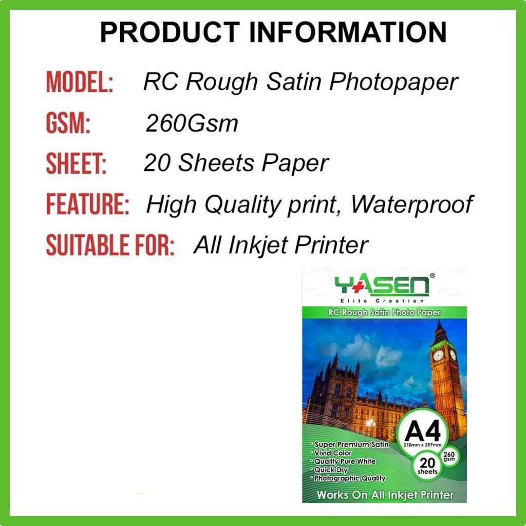 Yasen Photo Paper 260GSM RC Rough Satin A4 Size (20 Sheets/Pack ...