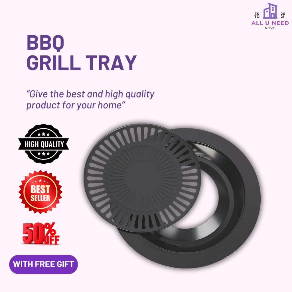 BBQ Grill Tray, 32cm Round Cooking Plate W/Removable Drip Tray ...