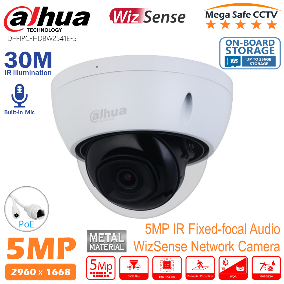 Dahua DH-IPC-HDBW2541E-S 5MP IR WizSense, Built-in IR LED Motion Detection, Dome Network CCTV ...