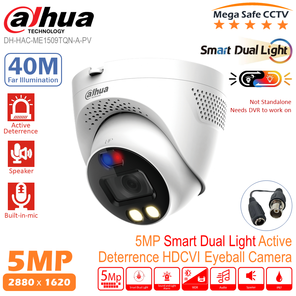 Dahua 5MP Smart Dual Light Active Deterrence Audio Analog Eyeball Camera(DH-HAC-ME1509TQ-A-PV ...