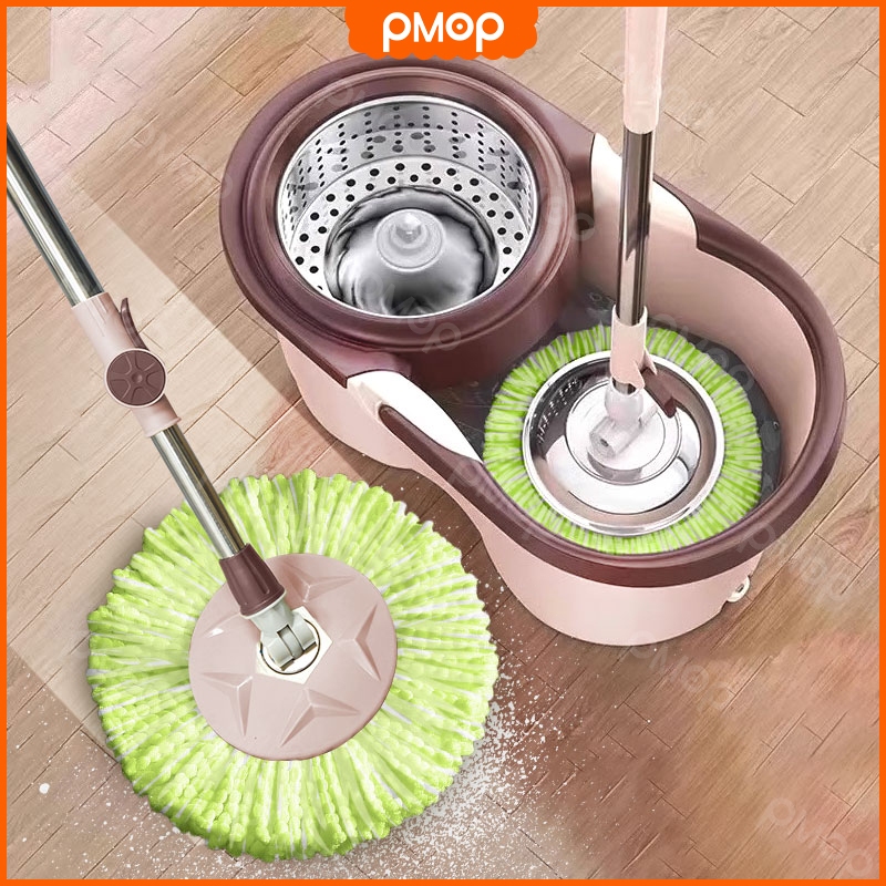 PMOP Spin Mop with Spinner and Stainless Bucket 360Easy Rotating Mop ...