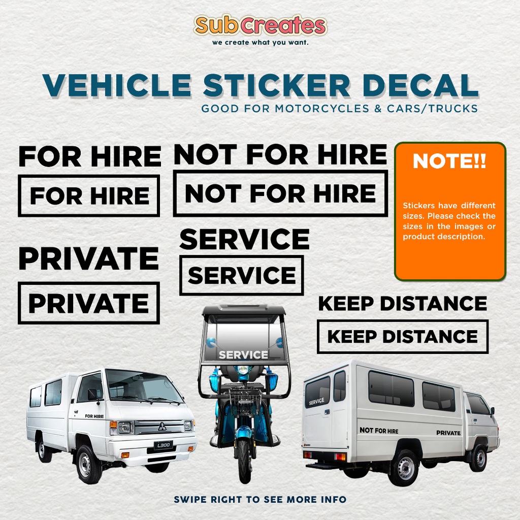 Vehicle Sticker Decals - Private//For Hire/Service/Keep Distance etc ...