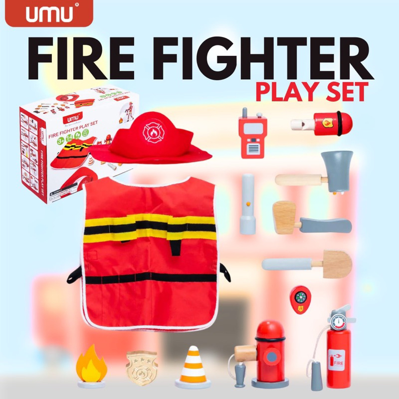Firefighter costume and wooden accessories play set for kids pretend ...