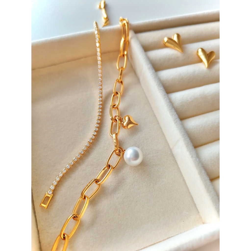 Neutrals MNL - Pearl & Heart Charmed Paperclip & Tennis Bracelet (Non ...
