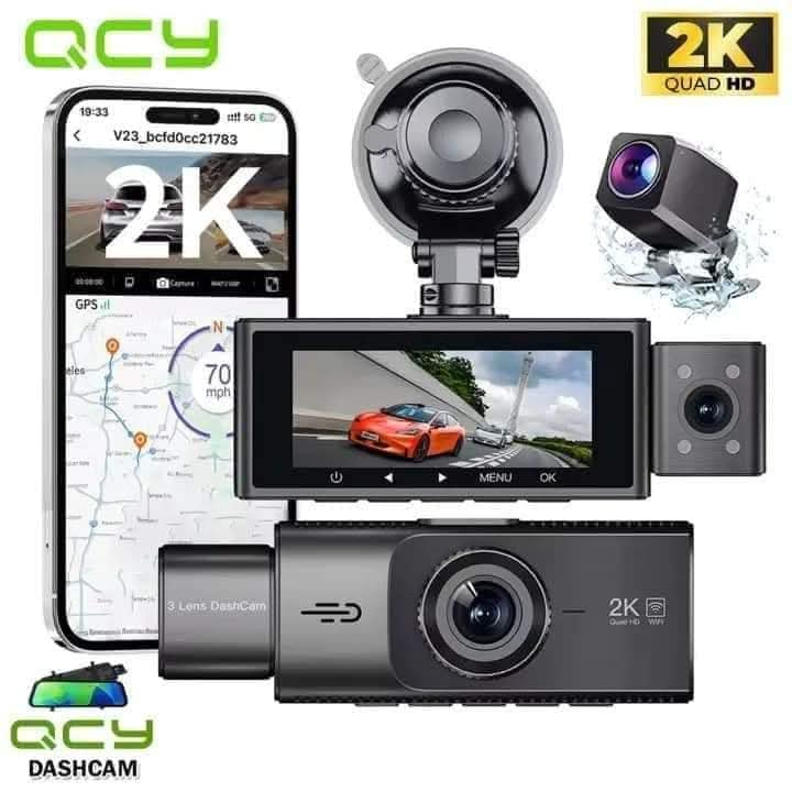 QCY V-23 2K Full HD 3 Way Dash Camera Vehicle Blackbox DVR Front and Rear View Car Camera ...