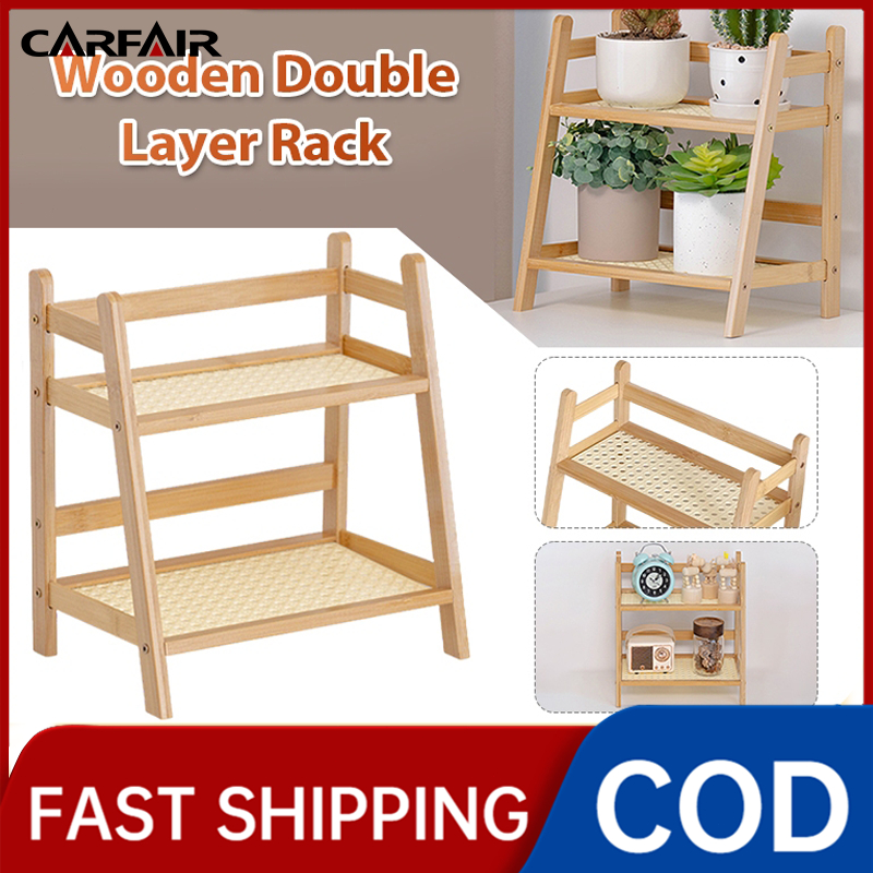 Wooden Double Layer Desk Storage Rack for Tabletop Plant Stand Sundries ...