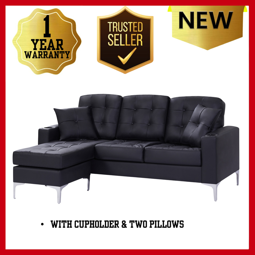 Sephora L-Shape With Cupholder & Two Pillows PU Leather Sofa | Shopee Philippines