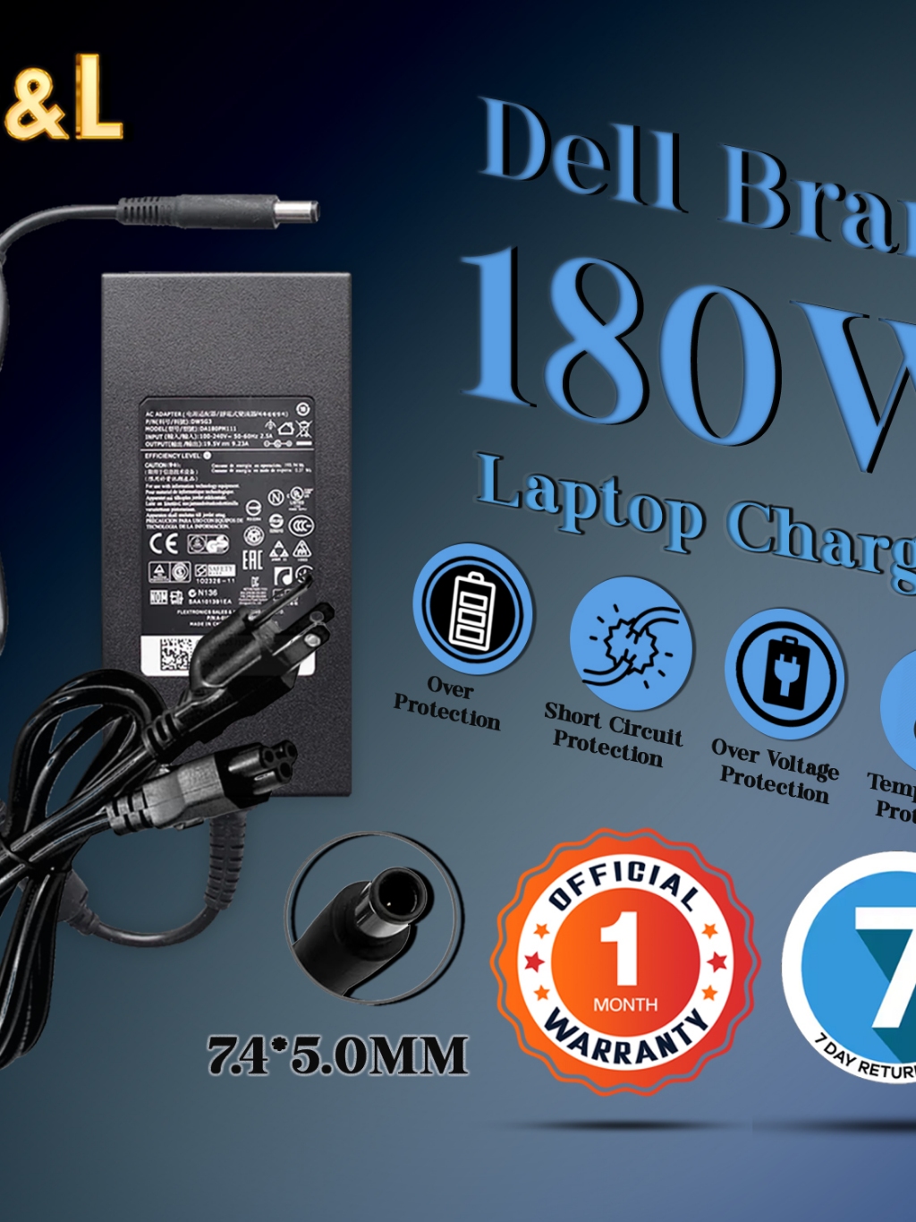 LAPTOP CHARGER DELL BRAND 180.0 WATTS 19.5V - 9.23A (7.4*5.0 MM PIN ...