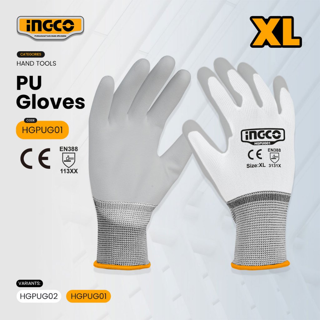 Ingco PU Gloves XL Finger/Palm Dip Safety Grip Work Gloves Flexible ...