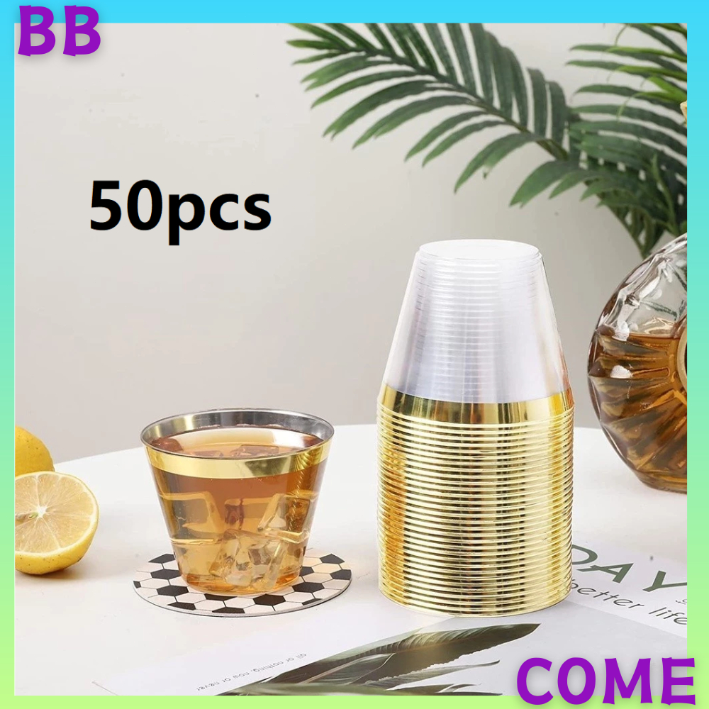 50pcs Plastic Cups Disposable Cups Elegant Gold Rim Wedding Birthday ...
