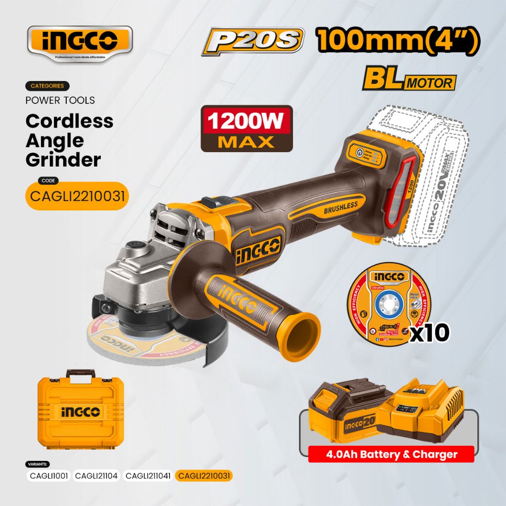 Ingco Brushed/Brushless 20V Cordless Angle Grinder Grinding & Polishing ...