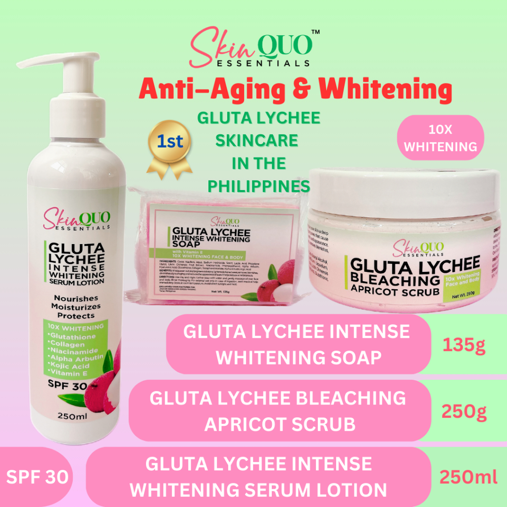 TRIO SET SKIN QUO GLUTA LYCHEE 10X INTENSE WHITENING FACE/BODY SERUM ...