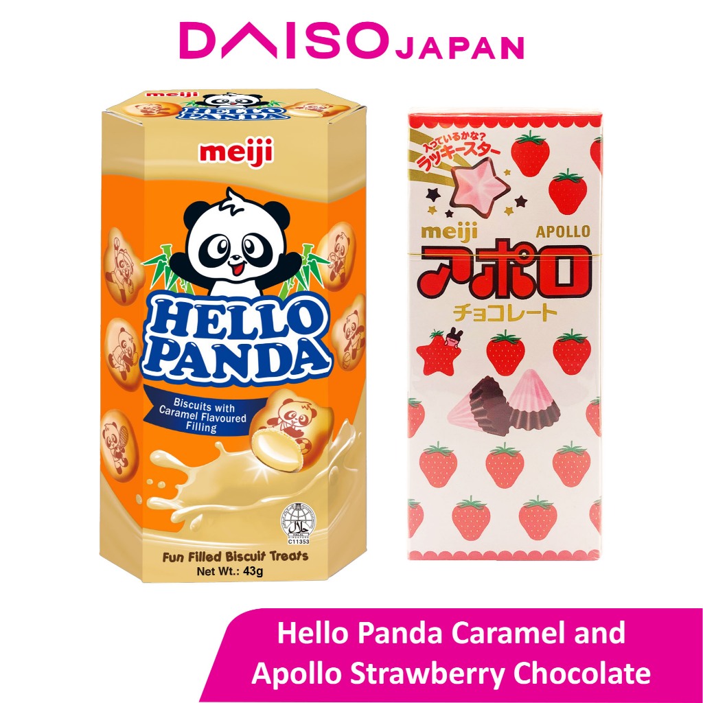Daiso Meiji Hello Panda Biscuits Caramel and Apollo Strawberry ...