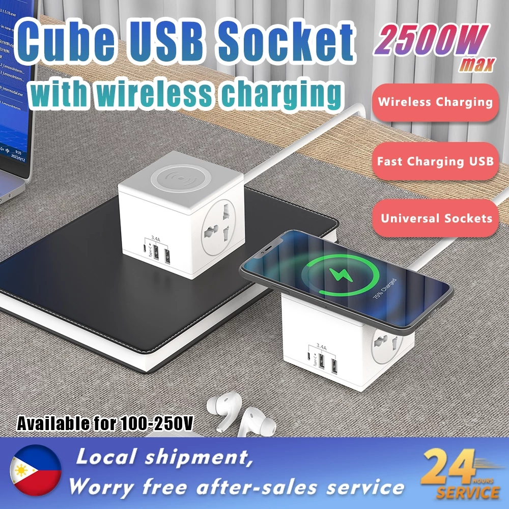 Cube Power Strip Extension Cord With Wireless Charger USB 20W Type C ...