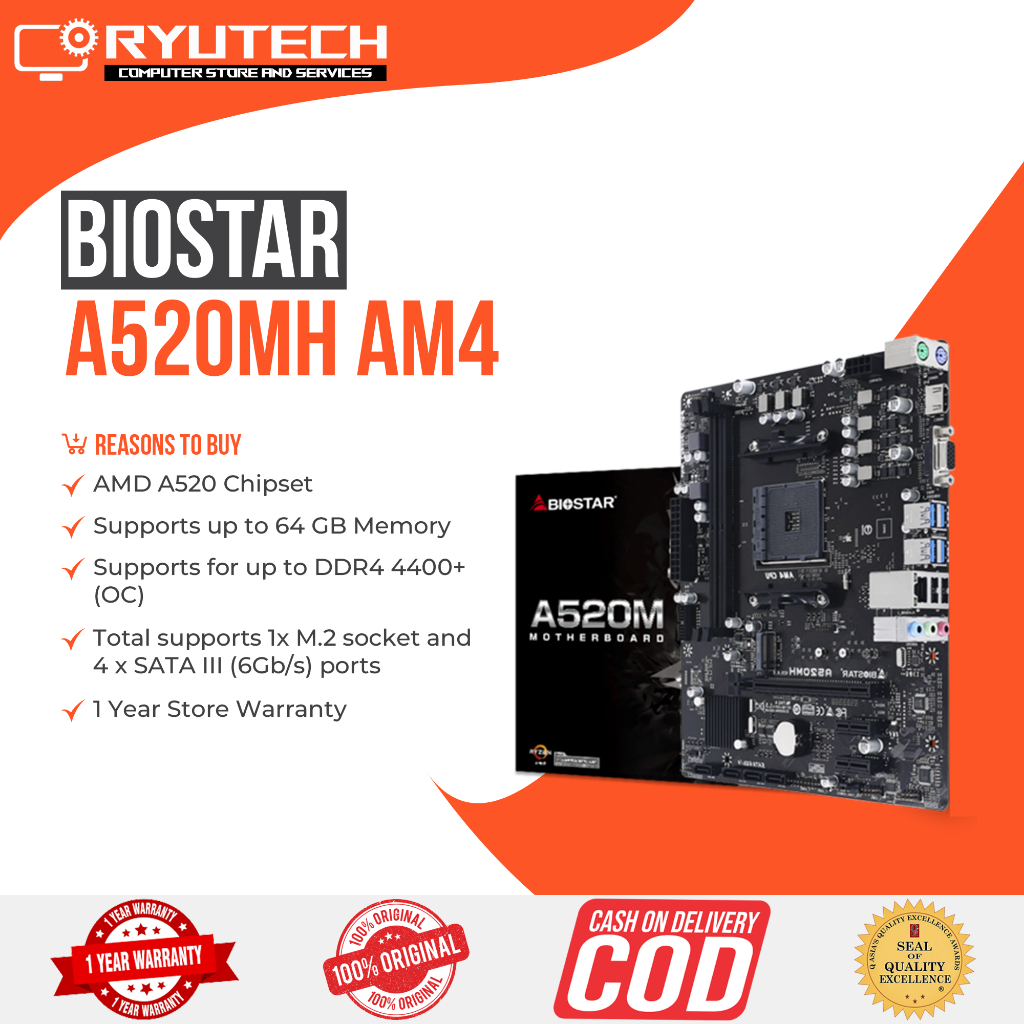 BIOSTAR A520MH AM4 - AMD A520 Chipset, Supports up to 64 GB Memory ...