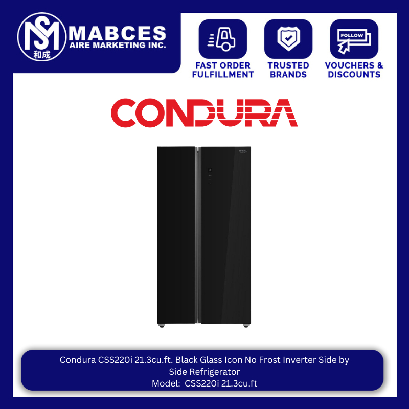 Condura CSS220i 21.3cu.ft. Black Glass Icon No Frost Inverter Side by ...