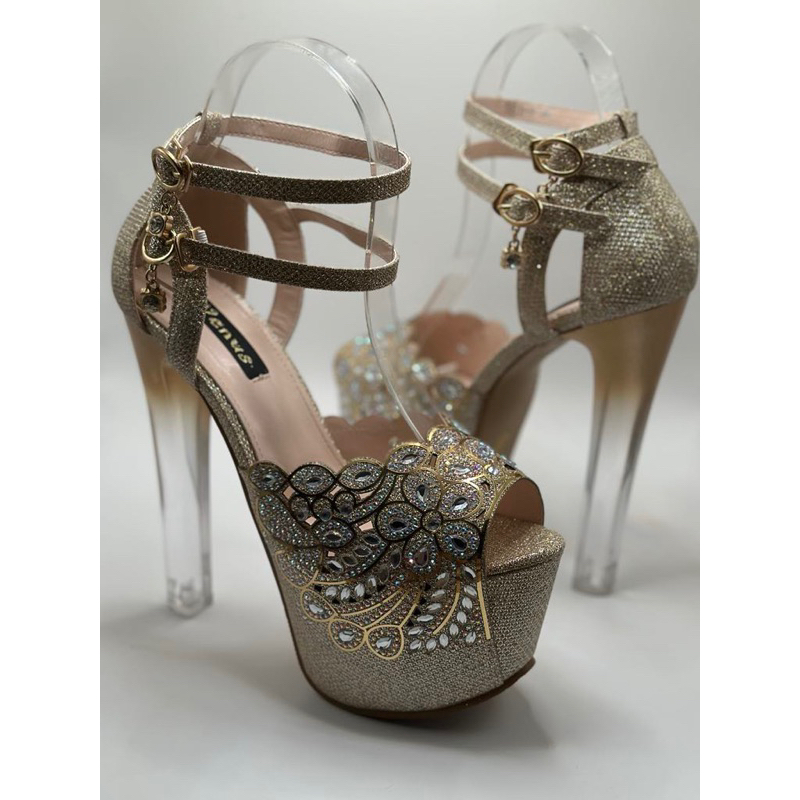 Elegant Pageant Glass Heels With stone Design Gold/Silver Color 6.8 ...