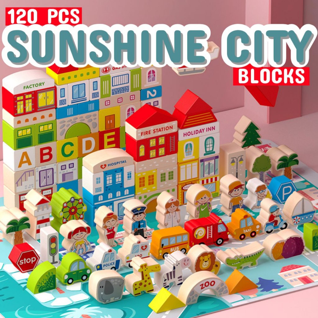 BYJ Wooden Sunshine City Building Blocks 120pcs Stackable Colorful ...